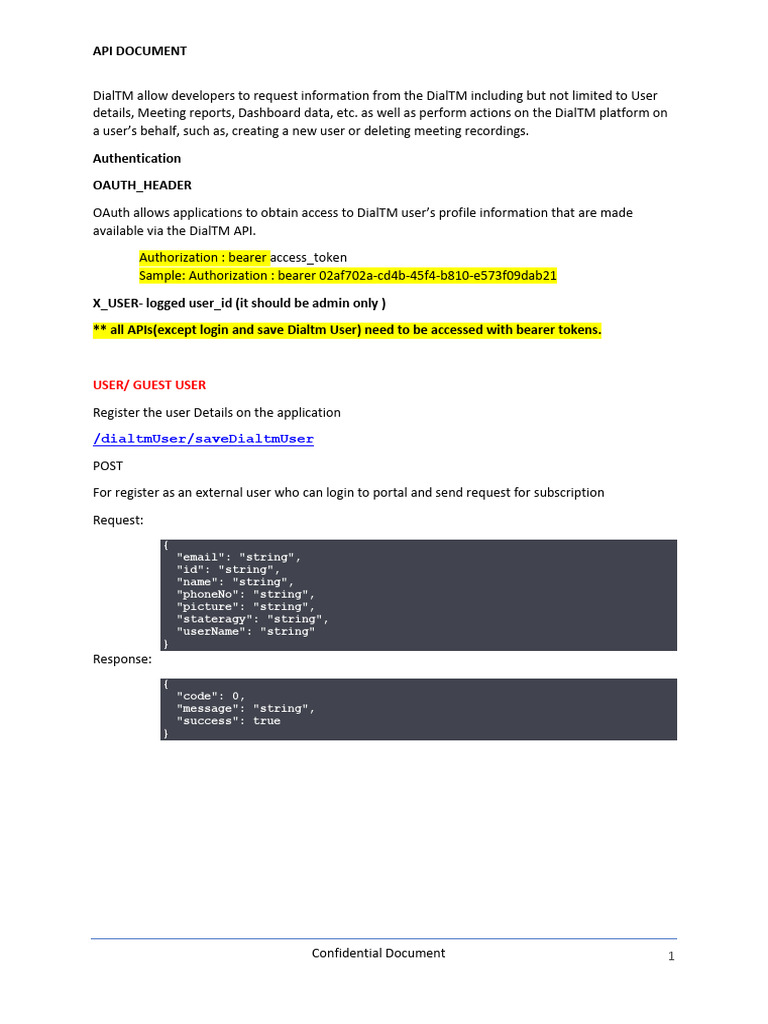 DIALTM API Documentation | PDF | User (Computing) | Login