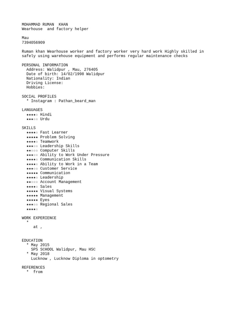 MOHAMMAD RUMAN KHAN - Resume - Wearhouse and Factory Helper | PDF