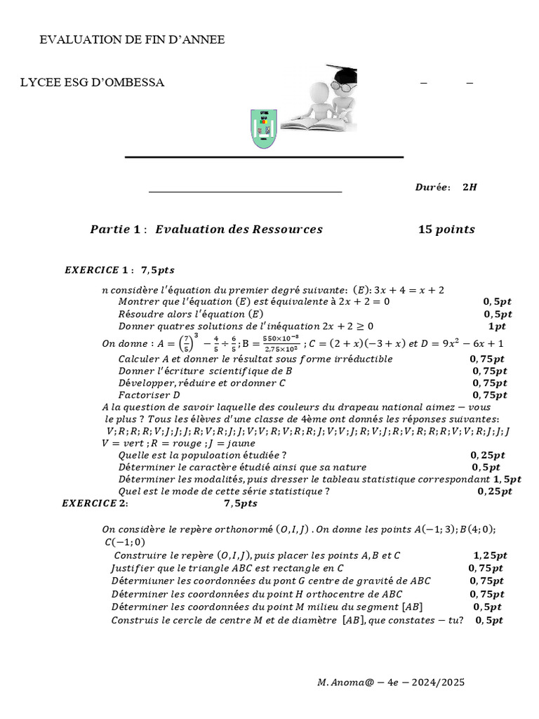 Évaluation de Mathématiques 4e 2025 | PDF | Échecs | Théorie (échecs)