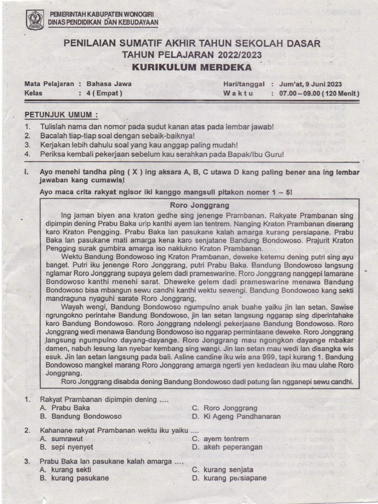 PSAT - KELAS 4 - BAHASA JAWA | PDF