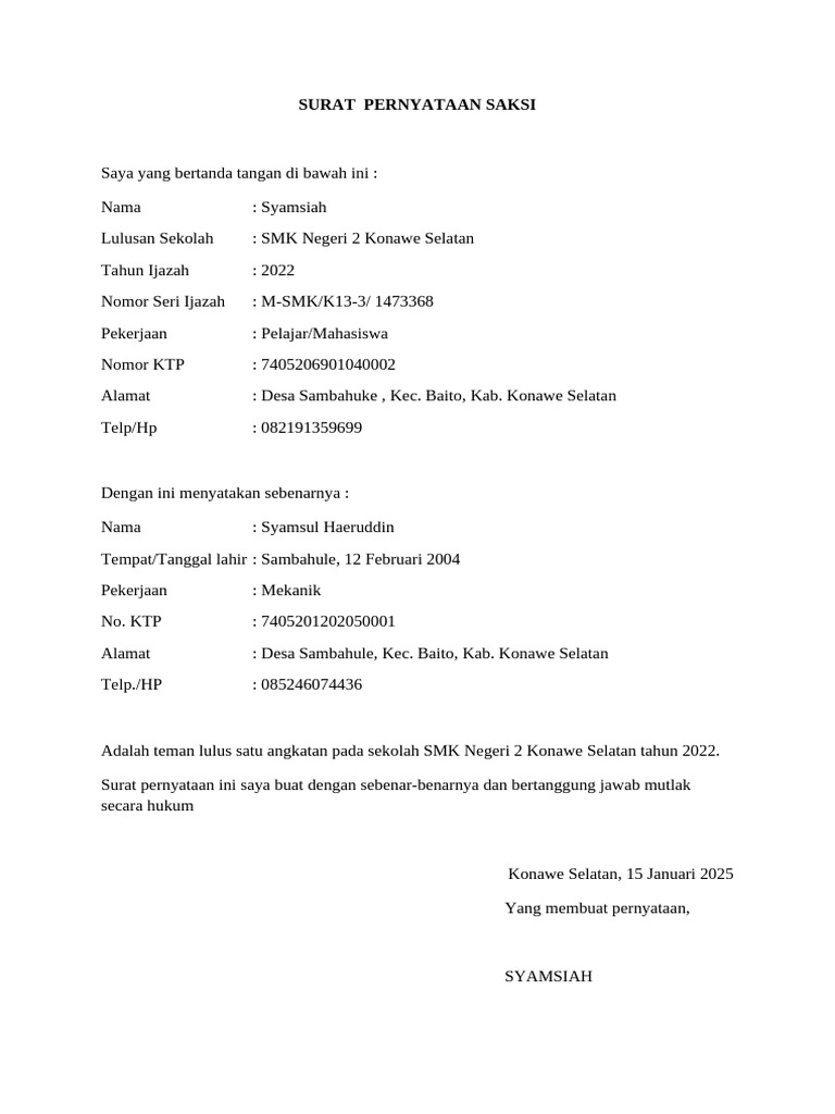 Surat Pernyataan Saksi | PDF