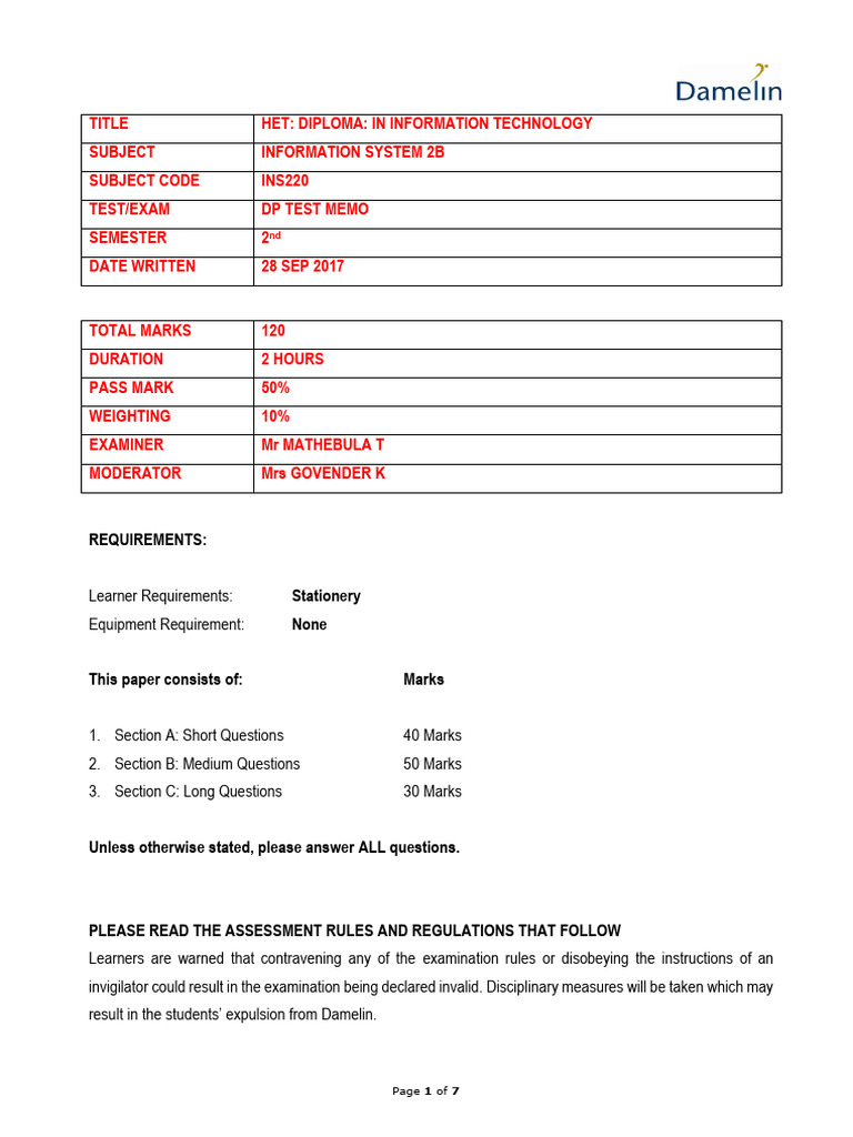 Information Systems Exam Guide INS220 | PDF | Database Transaction ...