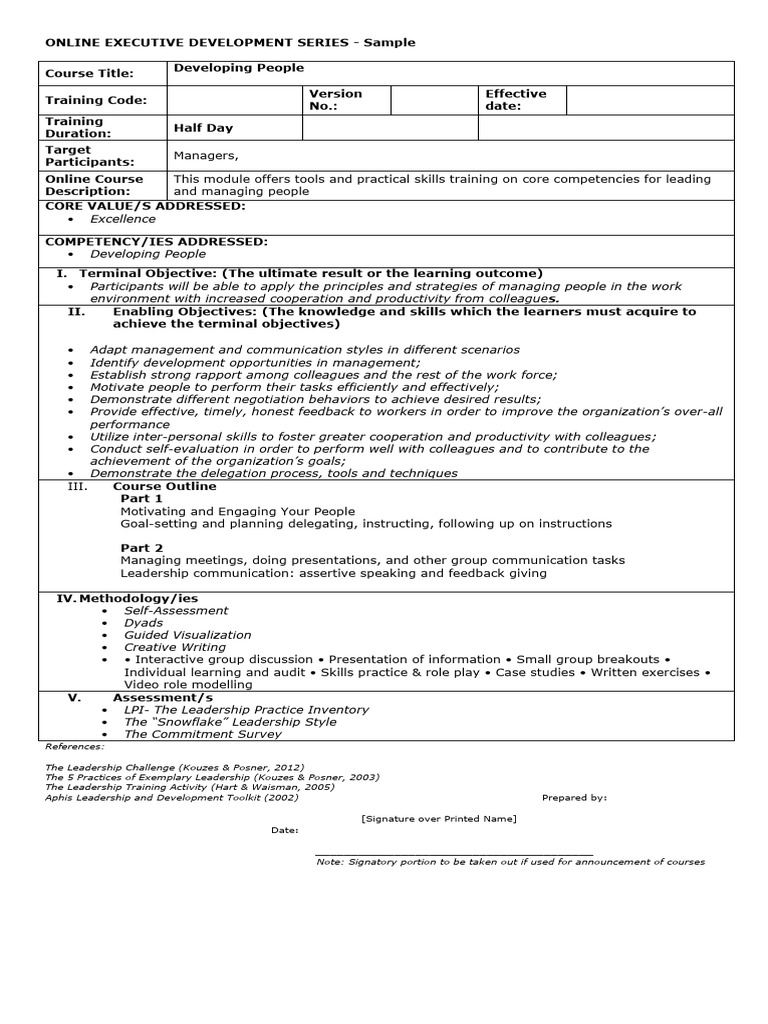 Sample Course Outline 1 Developing People - Detaro | PDF | Leadership ...