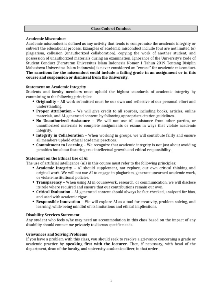 Class Code of Conduct Overview | PDF | Academic Integrity | Academic ...