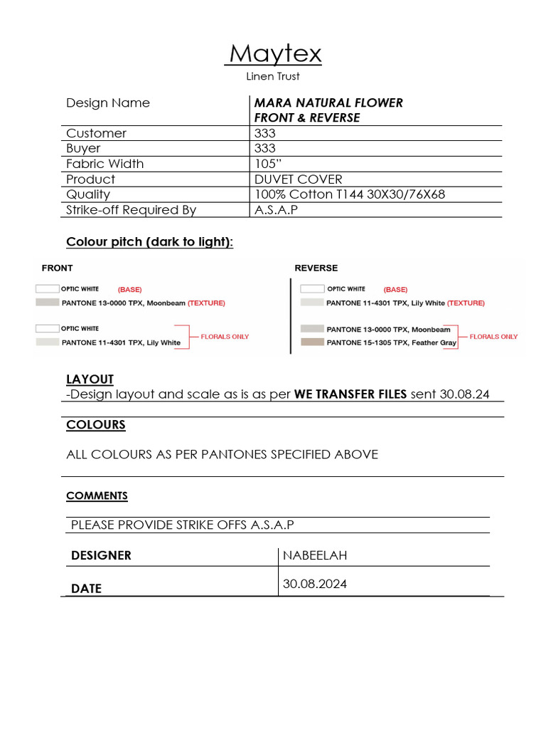 333-MARA NATURAL FLOWER 100 CTN Duvet JOB CARD | PDF