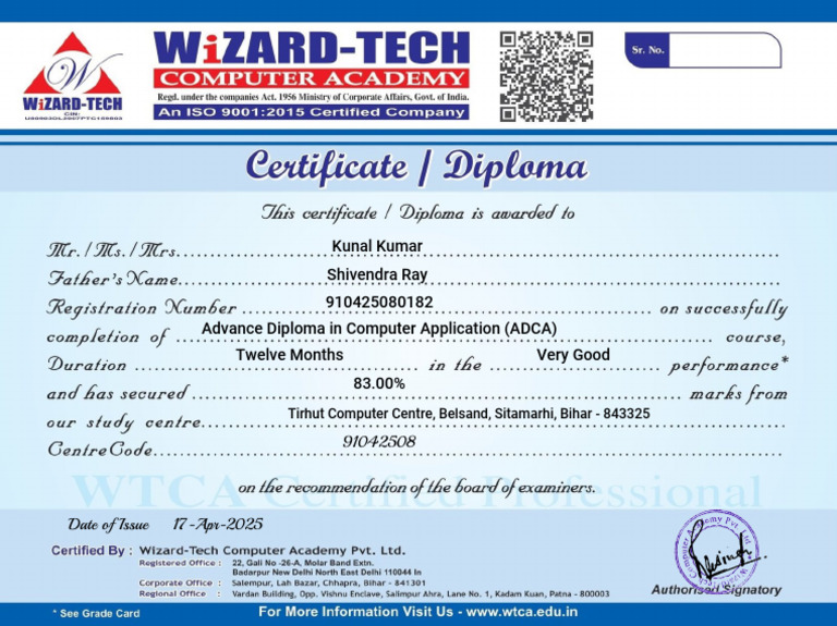 Kunal Kumar Shivendra Ray 910425080182 Advance Diploma in Computer ...