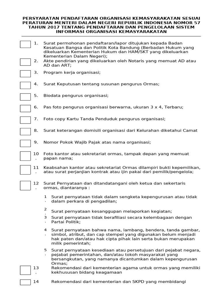 Persyaratan Ormas 57 Tahun 2017 | PDF