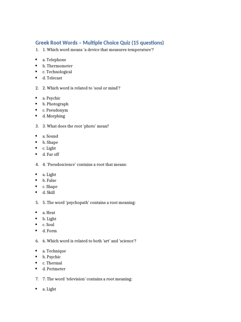 Greek Roots Quiz | PDF