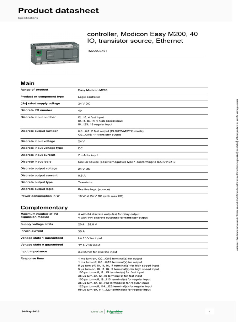 Modicon Easy M200 TM200CE40T Overview | PDF | Programmable Logic ...