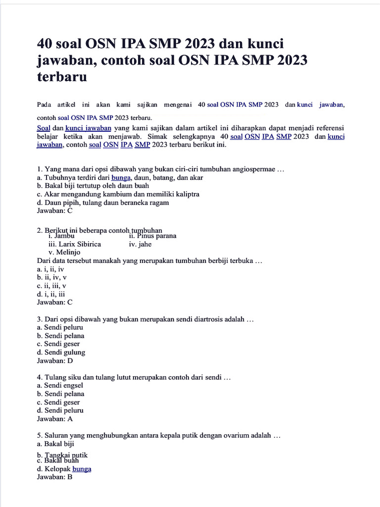 PDF 40 Soal Osn Ipa SMP 2023 Dan Kunci Jawaban - Compress | PDF