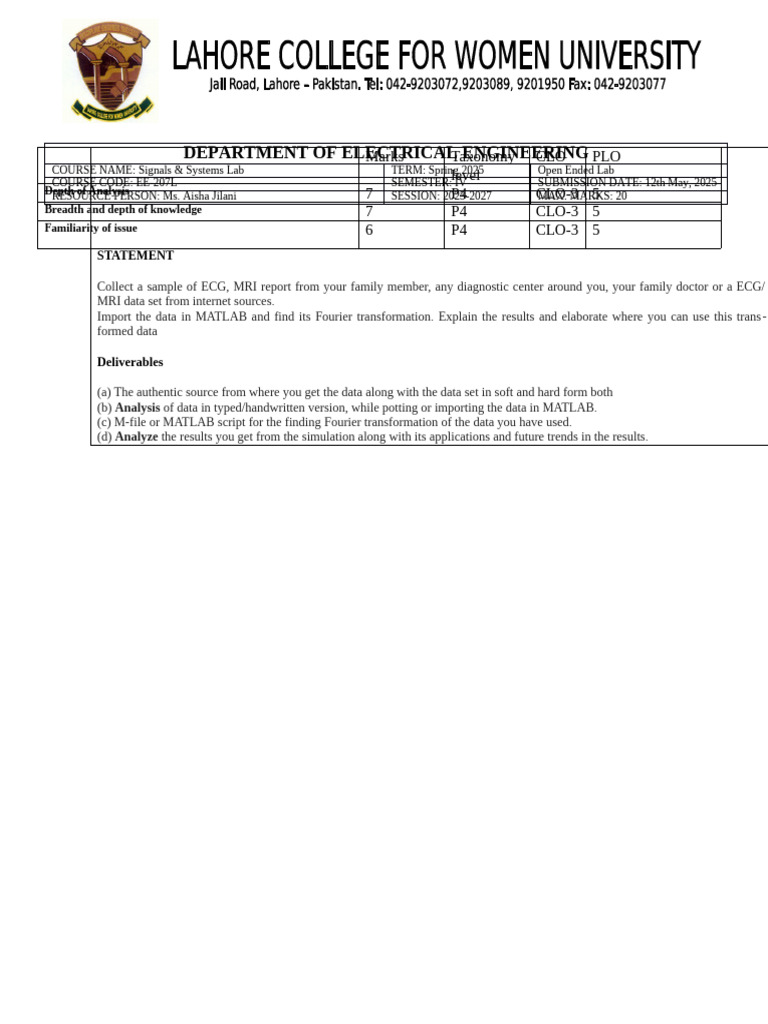 Department of Electrical Engineering: Marks Taxonomy Level CLO PLO 7 P4 ...