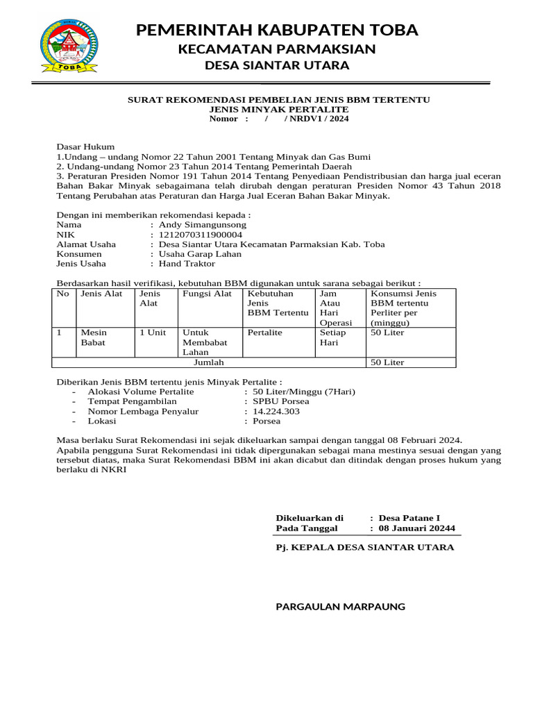 Surat Rekomendasi Pembelian BBM | PDF