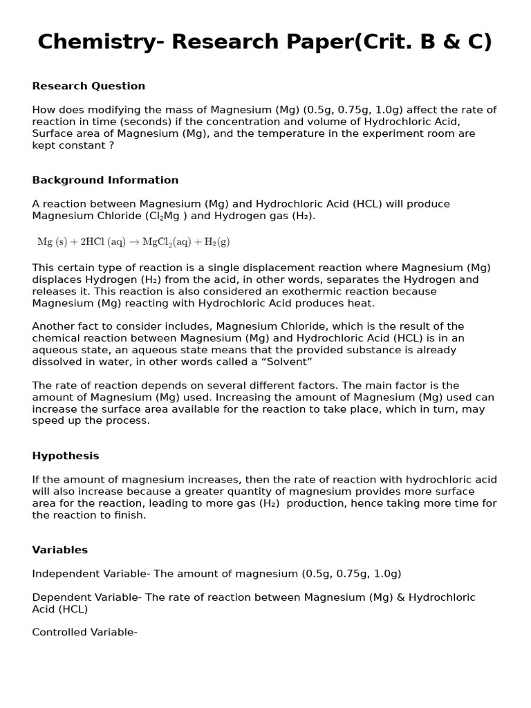 Chemistry Research Paper 1 | PDF | Magnesium | Chemical Reactions