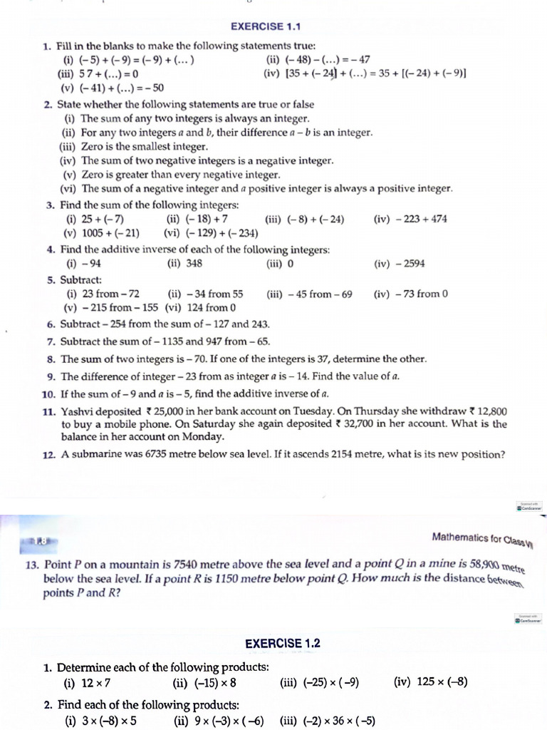 CH - 1 Integers (7th) | PDF