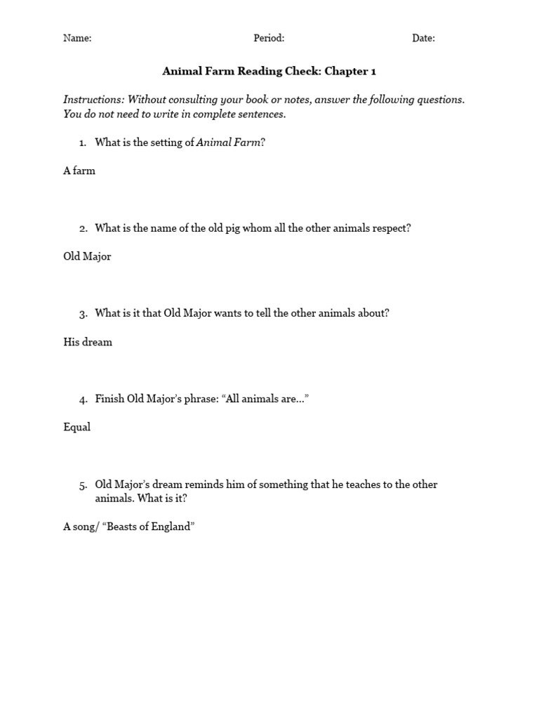 KEY To Animal Farm Reading Checks | PDF