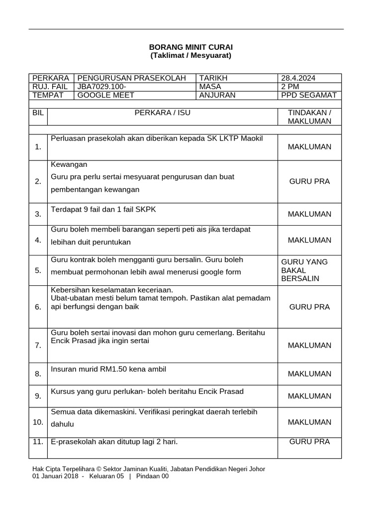 Minit Curai Pengurusan Pra 2024 | PDF