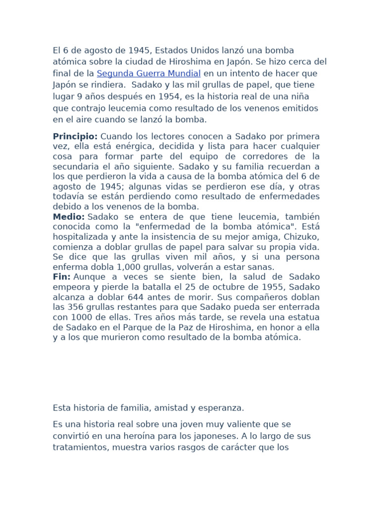 Historia Sobre El Libro Sadako y Las Mil Grullas de Papel | PDF