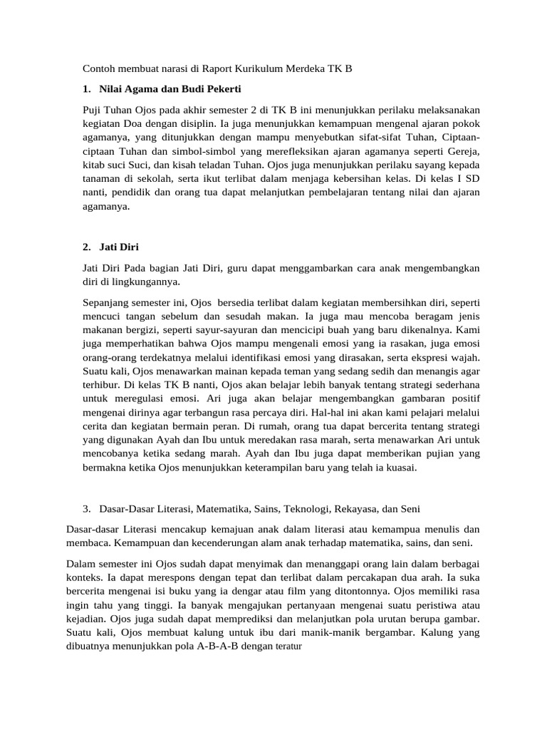 Contoh Membuat Narasi Di Raport Kurikulum Merdeka TK B | PDF