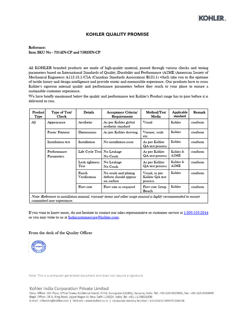 Test Certificate - 7314IN-CP and 75823IN-CP | PDF | Quality Assurance