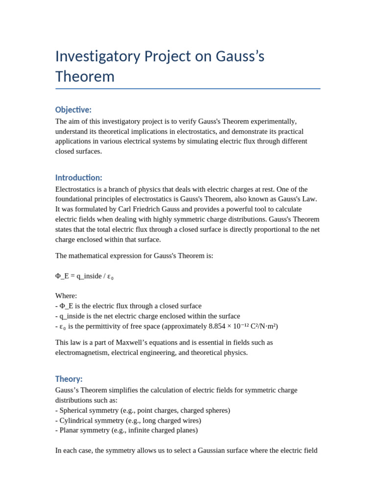 Gauss Theorem Project Class12 Long | PDF | Electric Field | Flux