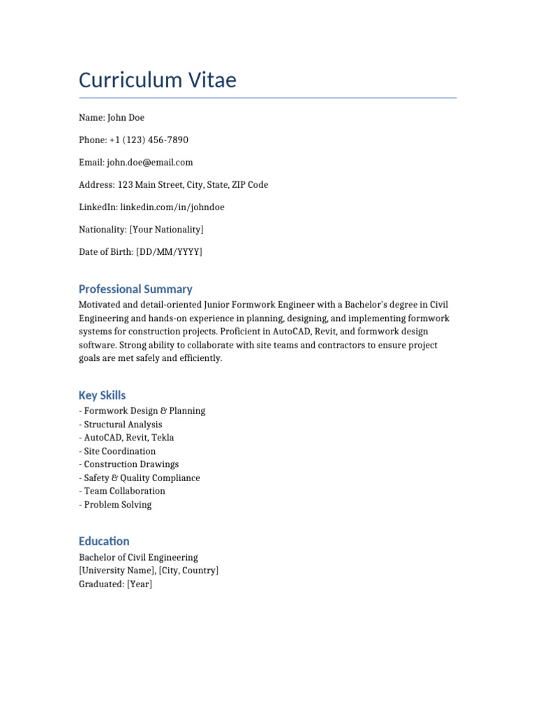 Junior Formwork Engineer CV | PDF