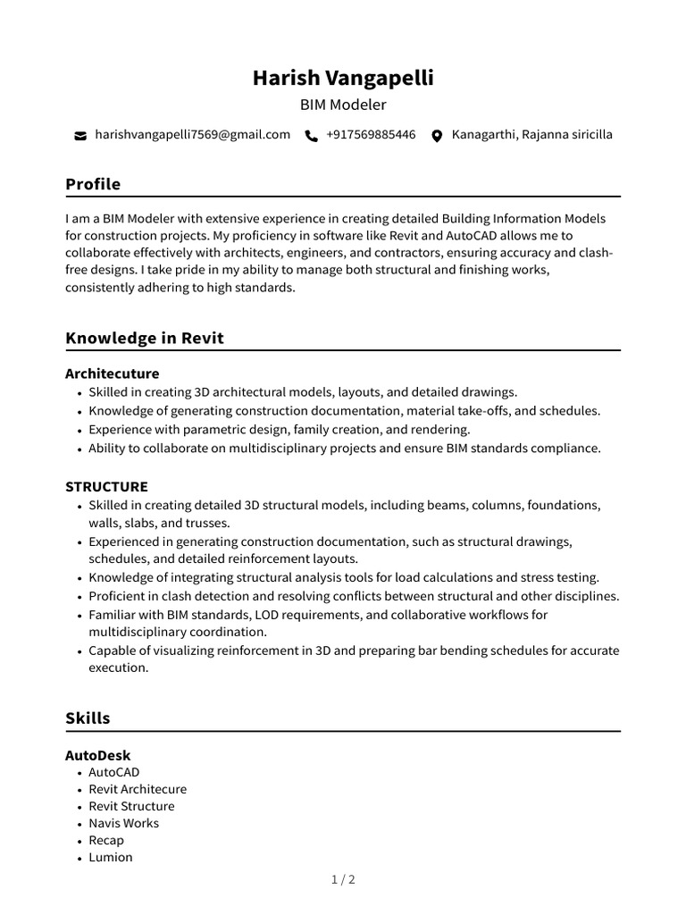 Harish Resume BIM | PDF | Autodesk Revit | Building Information Modeling