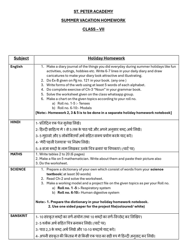 Class 7 Summer Vacation Homework | PDF | Linguistics