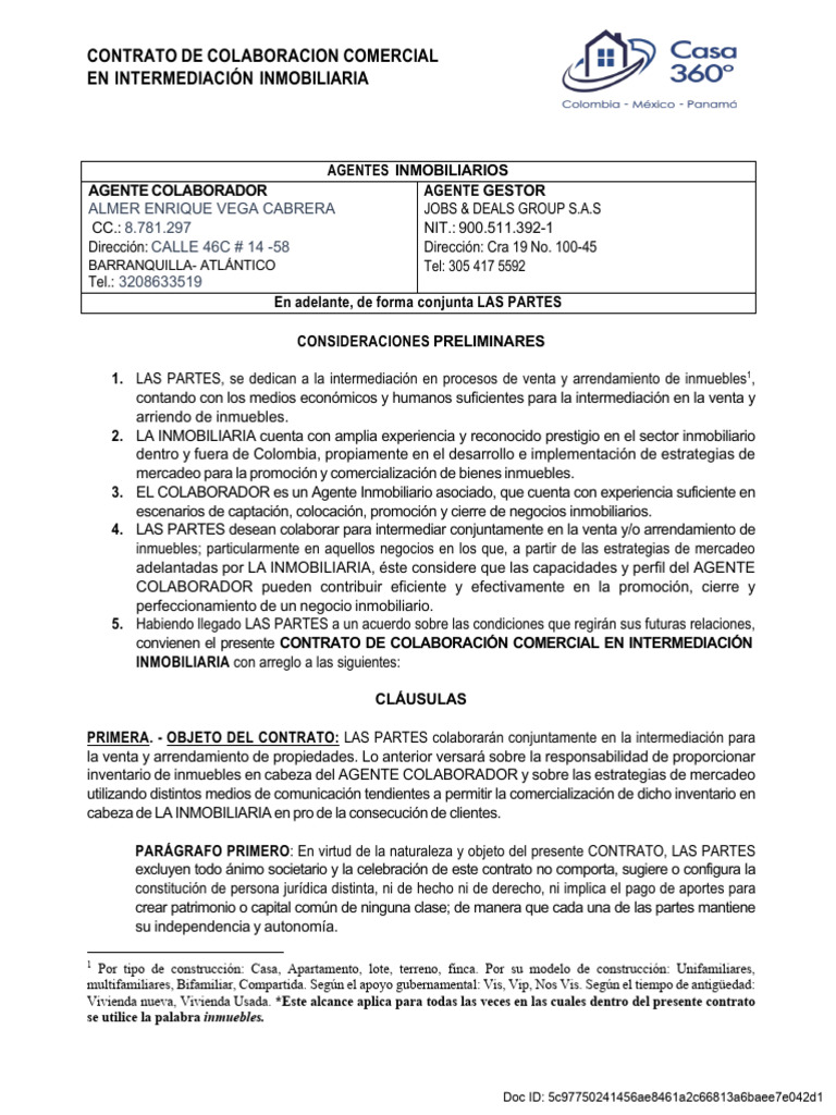 Contrato Agente Independiente Almer Vega | PDF