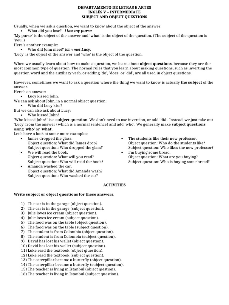 SUBJECT AND OBJECT QUESTIONS | PDF | Question | Subject (Grammar)