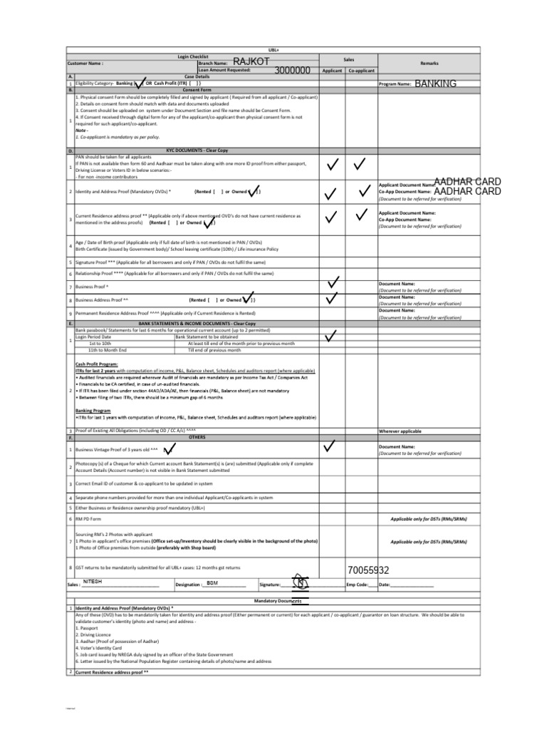 UBL+ Login Checklist - V - 0 - 2 New | PDF | Identity Document | Banks