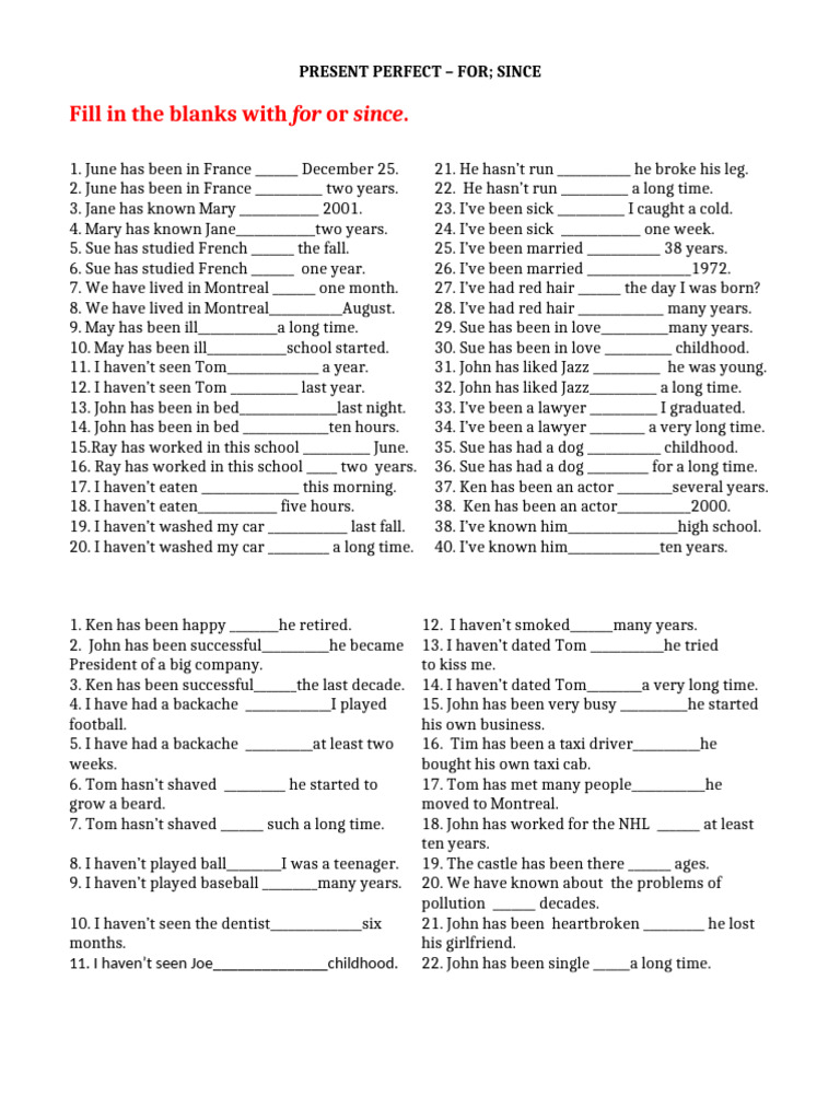 Present Perfect - For or Since | PDF