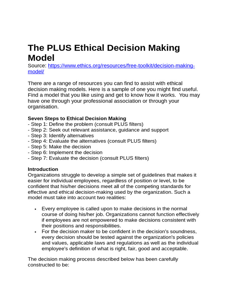 The PLUS Ethical Decision Making Model - 2022 | PDF | Elevator ...