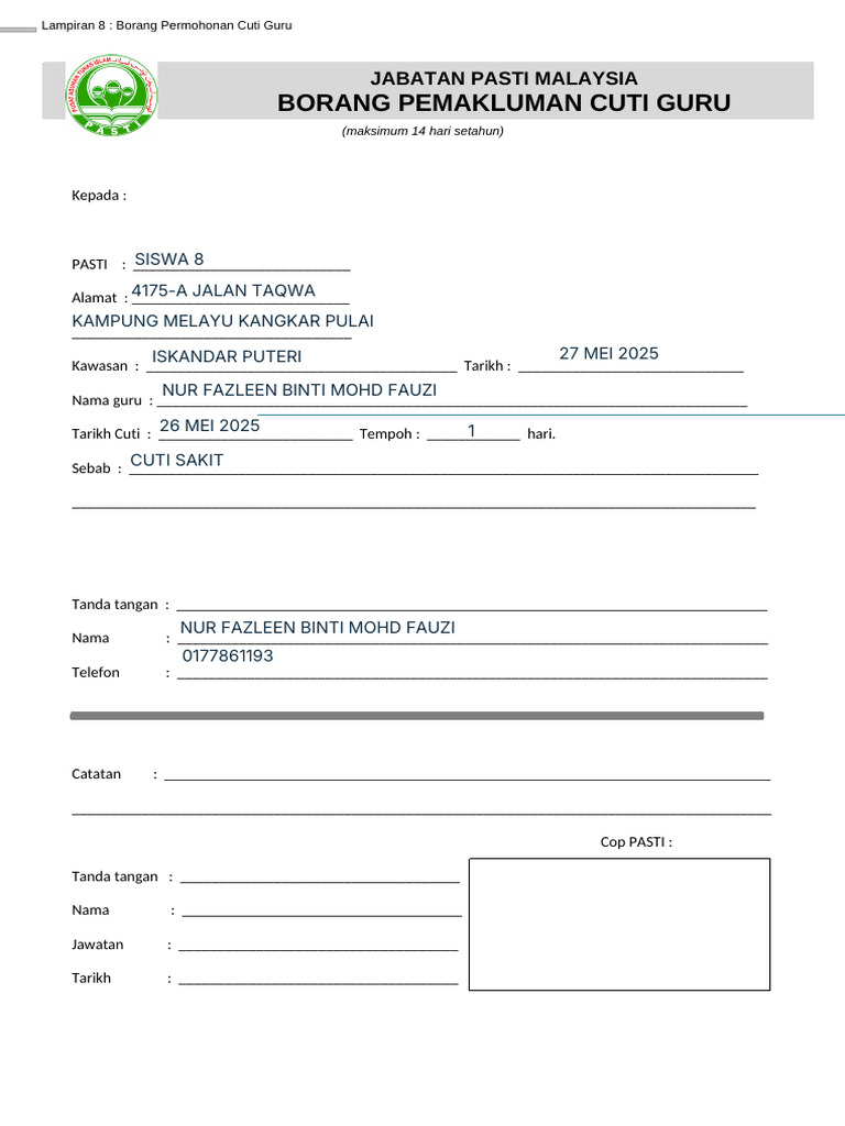 Borang Cuti Guru | PDF