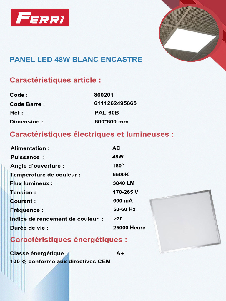 Panel LED 48W Blanc Encastré 600x600mm | PDF