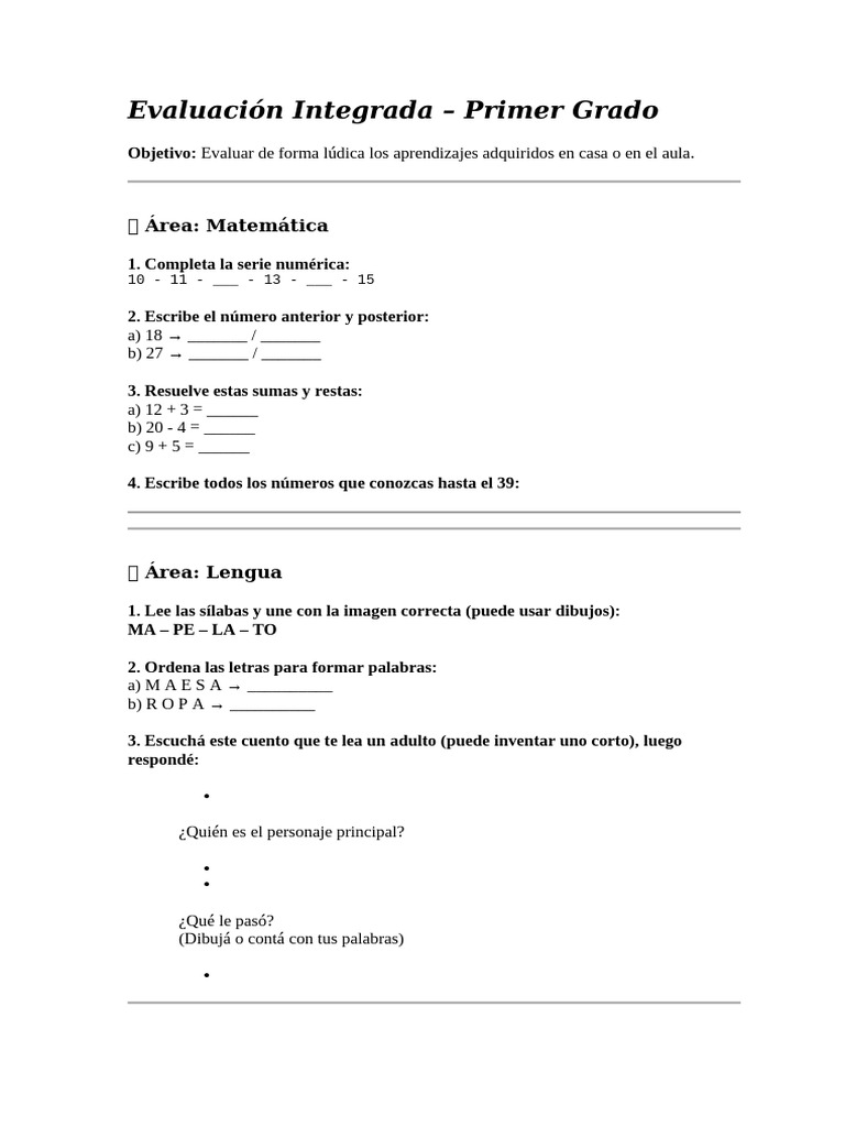 Evaluación Lúdica Primer Grado | PDF