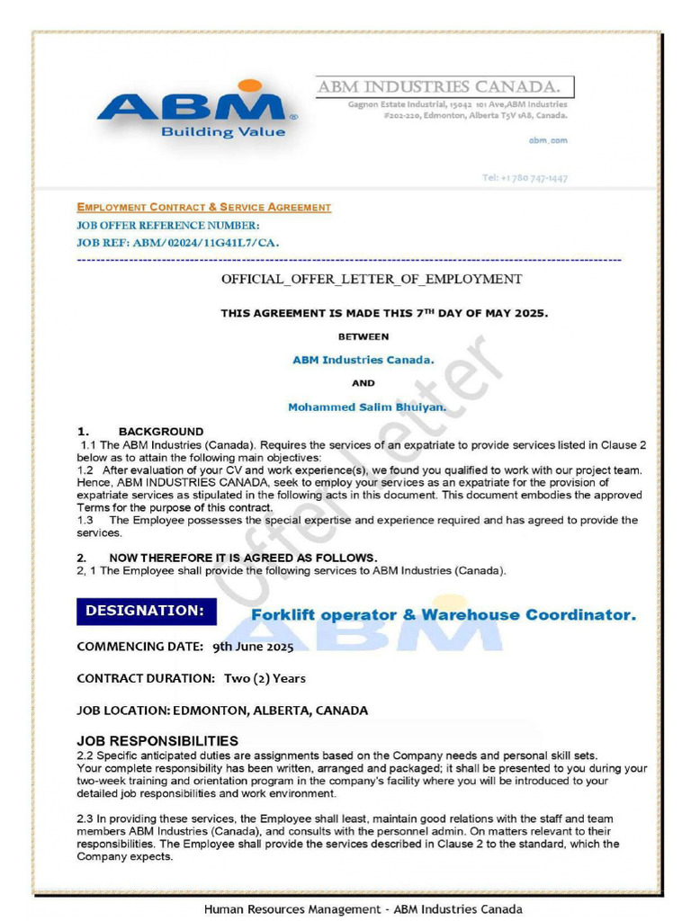 OFFER LETTER & CONTRACT OF EMPLOYMENT-ABM Industries CA | PDF | Breach Of Contract | Employment