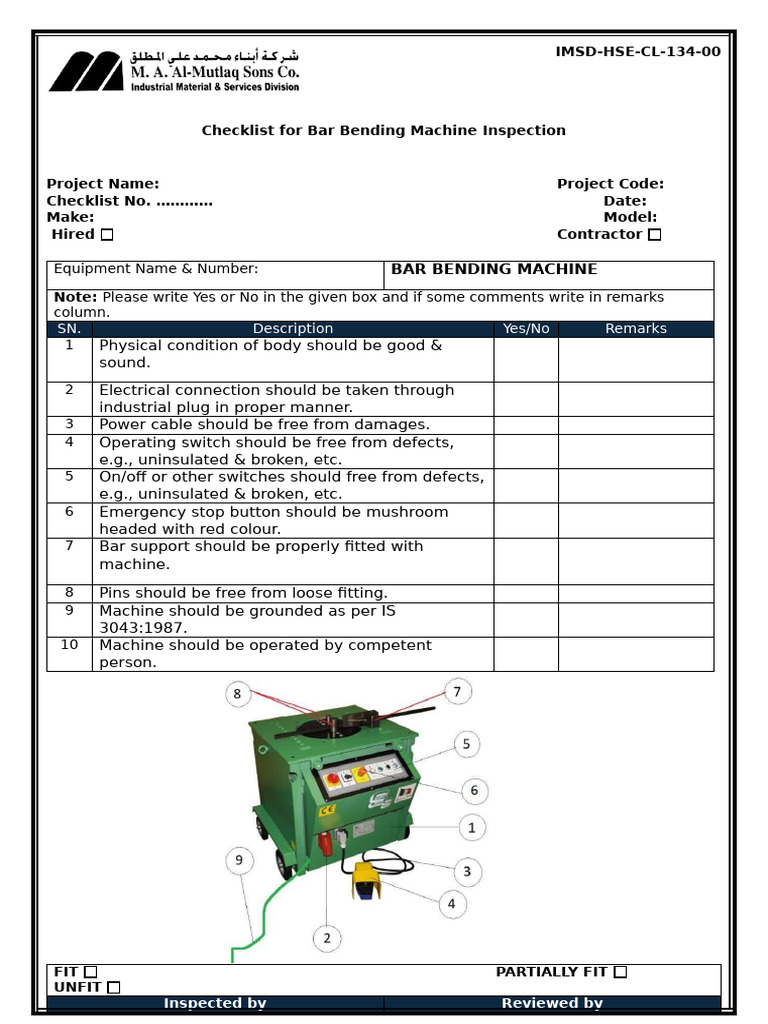 Checklist For Bar Bending Machine Inspection | PDF