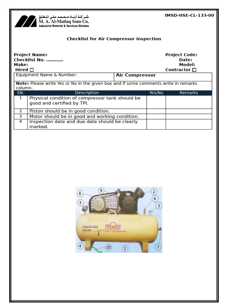Checklist For Air Compressor Inspection | PDF