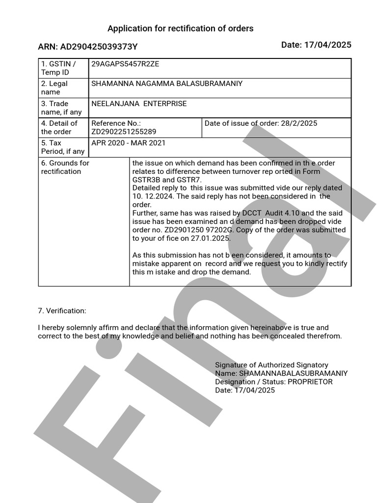GST Rectification Application Submission | PDF