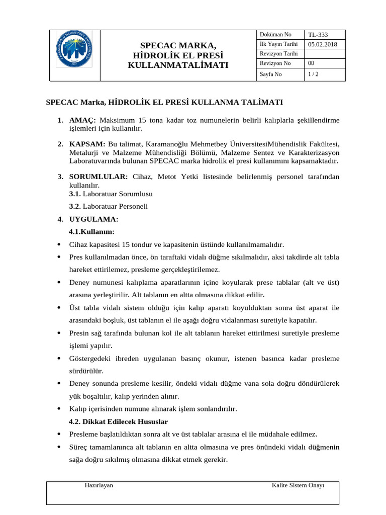 TL-333-Specac hidrolik el presi kullanma talimatı | PDF