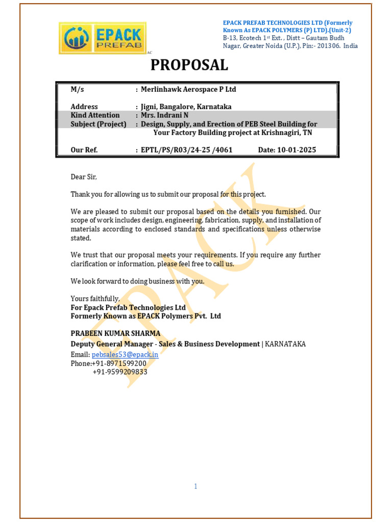 Epack Final Offer Merlin Hawk 10.01.2025 R04 - Prabeen Kumar Sharma | PDF | Screw | Building ...