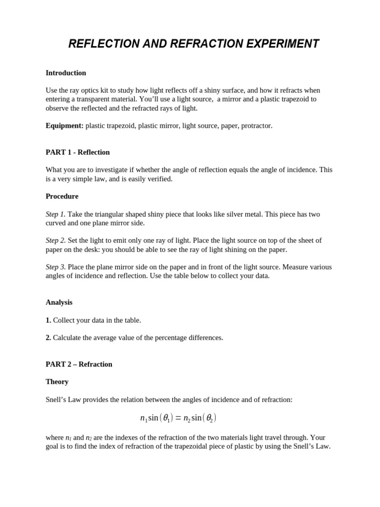 Reflection and Refraction LAB | PDF | Reflection (Physics) | Refraction