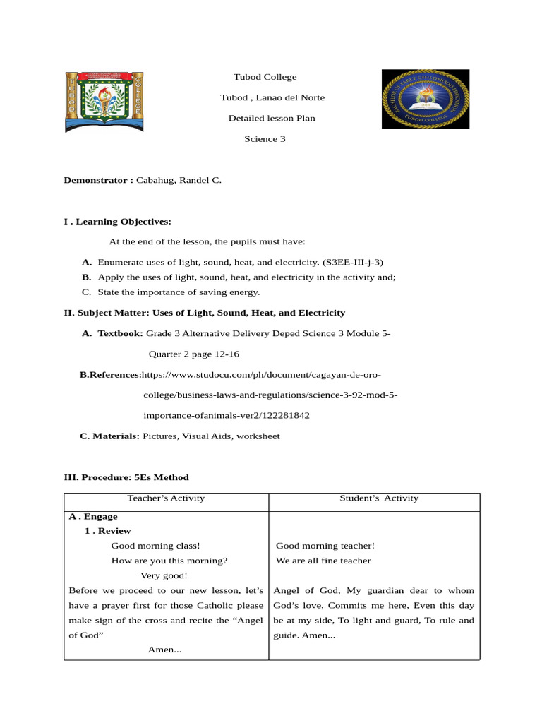 Science 3 Lesson Plan on Energy Uses | PDF | Lesson Plan | Milk