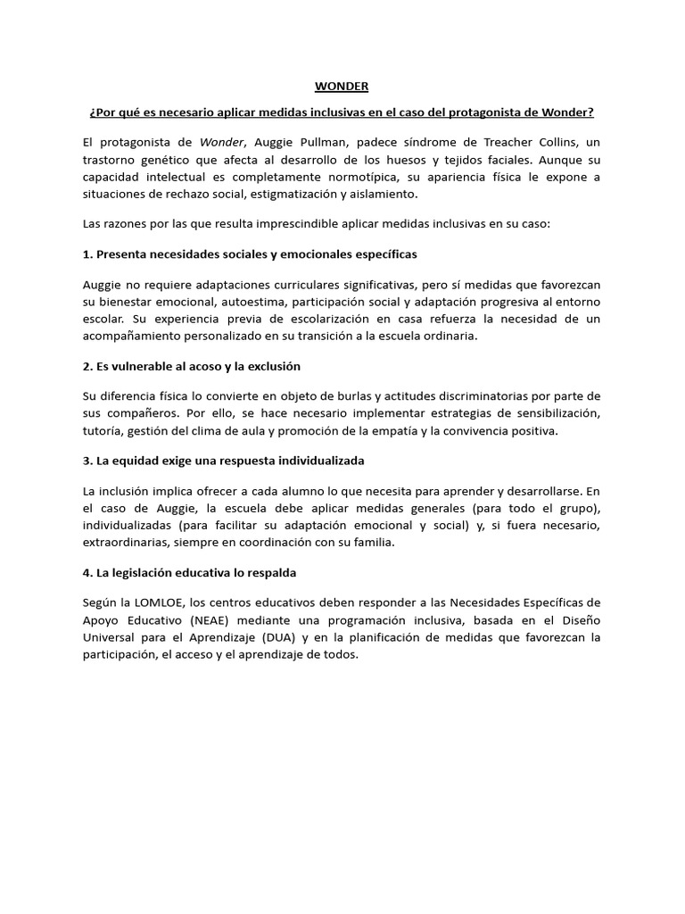Inclusión de Auggie Pullman en Wonder | PDF | Inclusión (Educación ...