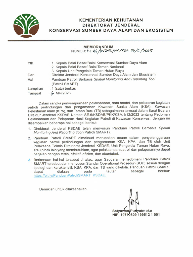 Memorandum Dan SK Dirjen Panduan Patroli SMART Tahun 2025 | PDF