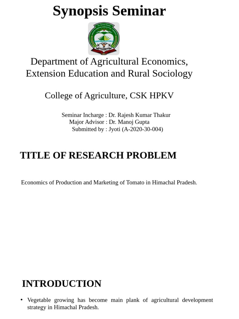 Jyoti Synopsis Seminar Presentation | PDF | Agriculture | Sampling ...