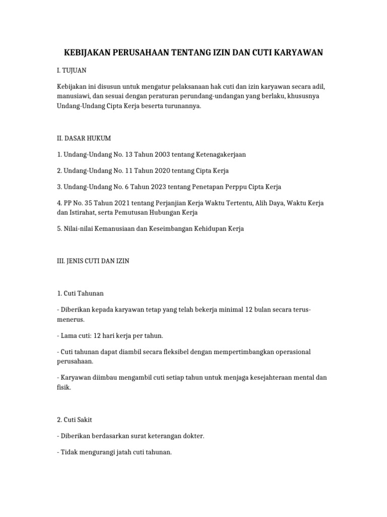 Kebijakan Izin Dan Cuti Karyawan | PDF