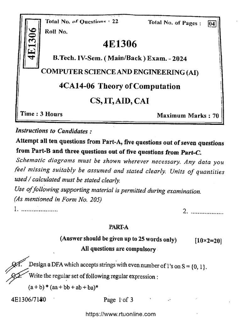 Btech Cs It 4 Sem Theory of Computation 4e1306 2024 | PDF