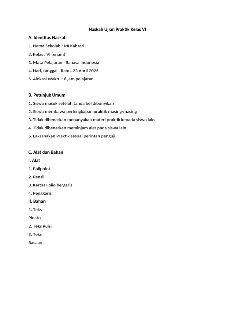 Naskah Ujian Praktik BI Kelas VI | PDF