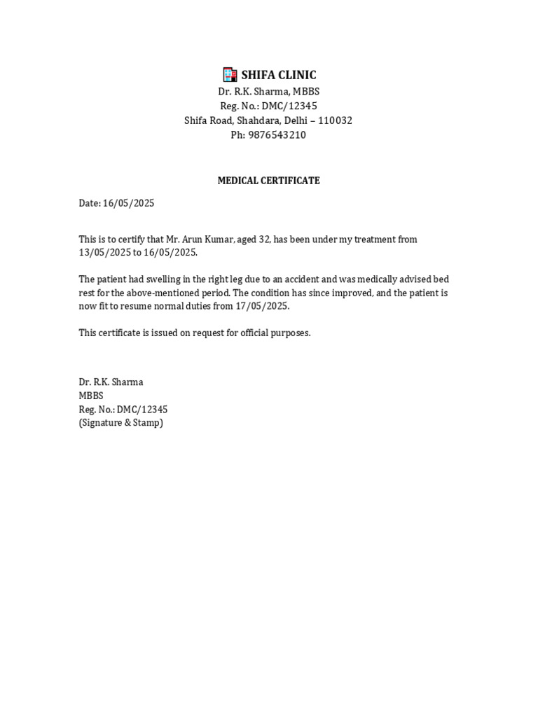 Medical Certificate Arun Kumar | PDF